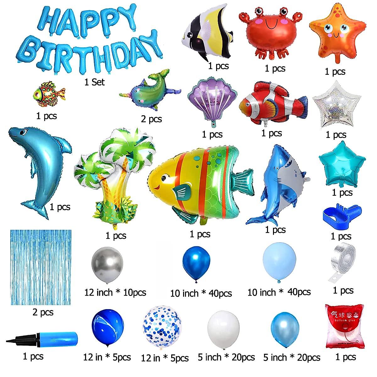 YinQin 176 PCS Ocean Blue Happy Birthday Party Balloons with Pump Under Sea Fish Birthday Balloons Decorations Baby Shark Happy Birthday Balloons Set Blue Sea Happy Birthday Party Supplies for Kid
