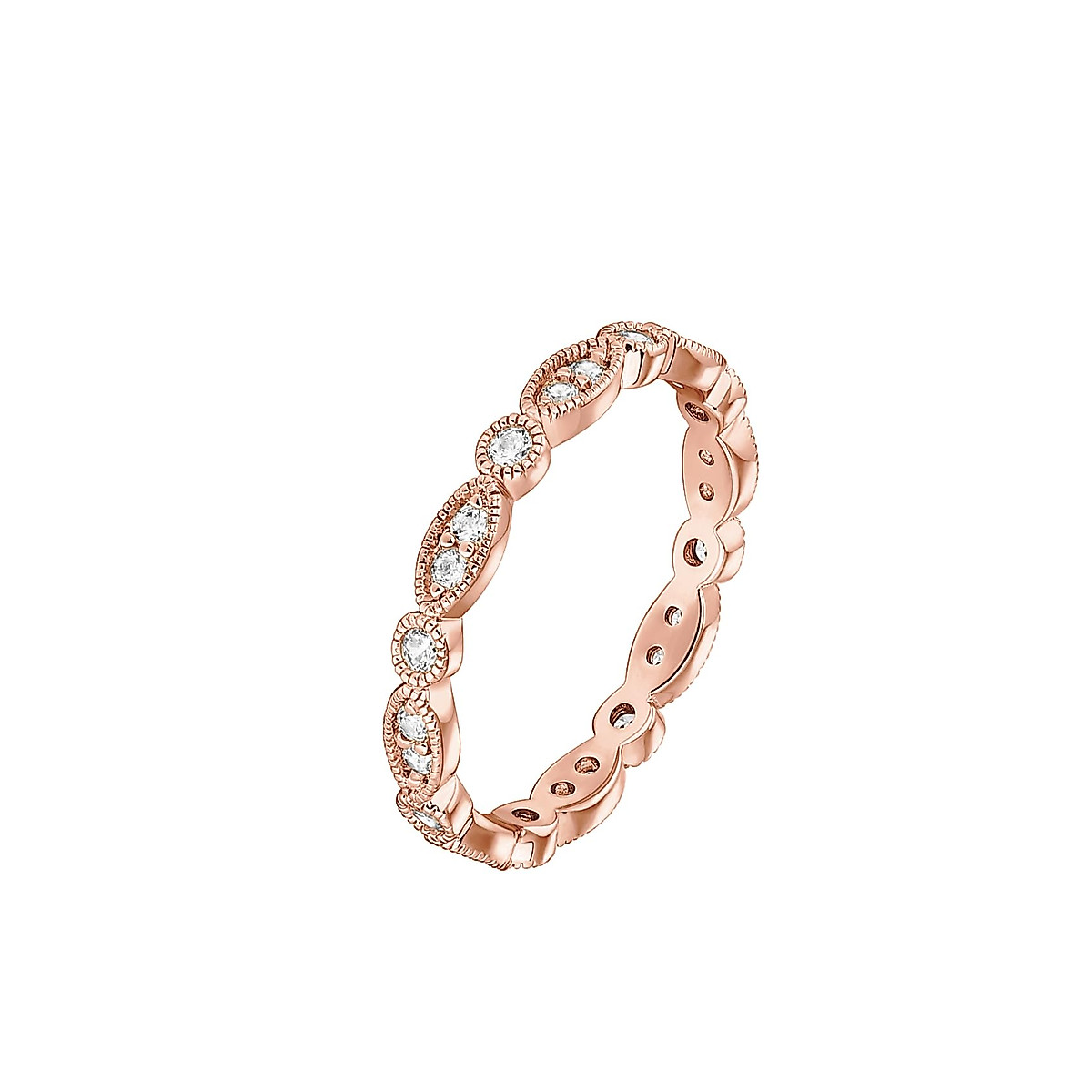 PAVOI 14K Rose Gold Plated Rings Cubic Zirconia Band | Round Milgrain Eternity Bands | Rose Gold Rings for Women Size 7