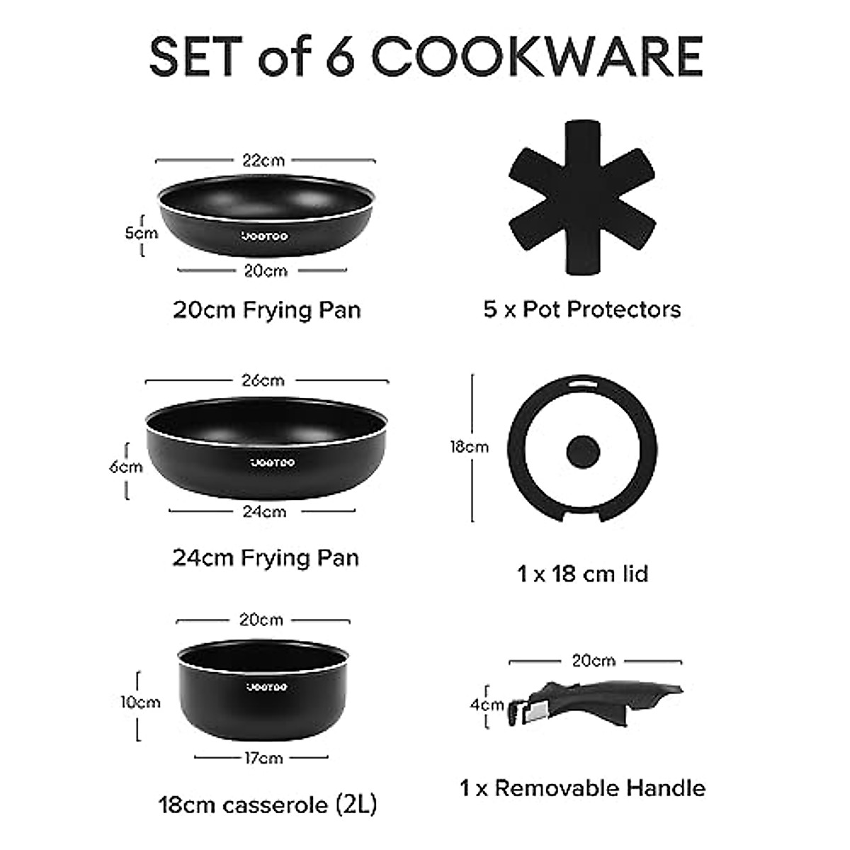 JEETEE Nonstick Pots and Pans Set with Removable/Detackable Handle RV Pots Induction Cookware Stackable Cookware Set for Camping, PFOA Free, Dishwasher/Oven Safe (Black, 10pcs Cookware Set)