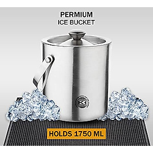 Ice Bucket With Lid, Insulated Black Ice Bucket for Cocktail Bar with Ice Tong, Double Walled Stainless Steel, 1.75 L, 1.84 Quarts, Ice Cold For 6 h with Handle (Silver)