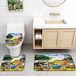 Funny Wild Animal Shower Curtain Sets with Memory Foam Bath Mat, Non-Slip Bath Rugs and Toilet Lid Cover, Kids Jungle Nature Shower Curtains for Bathroom with Hooks, Lion Tiger Elephant Bathroom Set