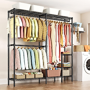 Heavy Duty Clothes Rack Clothing Rack for Hanging Clothes,Large Metal Garment Rack with 4 Tiers Adjustable Wire Shelves&3 Hanger Rods&2 Hooks,Freestanding Closet Wardrobe System,MaxLoad 800lbs