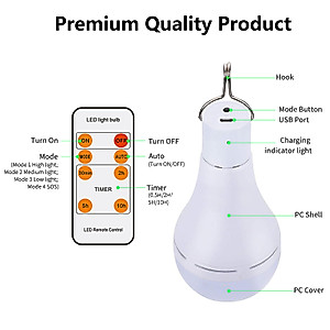 USB Rechargeable LED Light Bulbs, 2-Pack Hiwevvy Portable Camping Light with Remote Timer, Hook, 5 Lighting Modes, 1500mAh Smart Light Bulbs for Emergency, Camping, Hiking, Hurricane Outage