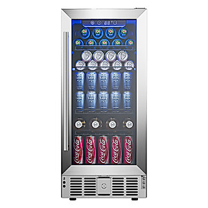 EUHOMY 15" Beverage Refrigerator Cooler Under Counter 125 Cans Built-in Beverage Fridge with Glass Door, LED Light, Beer Fridge for Soda, Water, Wine - Home Kitchen Bar.