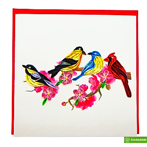 Four Colorful Birds sitting in a tree, Quilling Card 3D,Unique Dedicated Handmade, Design Greeting Card for Birthday, Valentine's Day, Mothers Day, Spring, Fathers Day, All Occasion,6"x6"