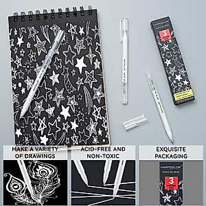 MARTCOLOR White Gel Pens, 1mm Fine Point Gel Ink Pen Opaque Archival Ink Pens for Black Paper Drawing, Sketching, Illustration, Card Making, Bullet Journaling, 3 Pack