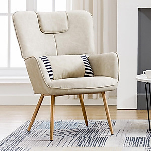 FERFALDER Upholstered Wingback Chair, Beige Accent Chair, Comfy Living Room Chairs, Faux Leather Arm Chair for Living Room, Bedroom, Office and Study