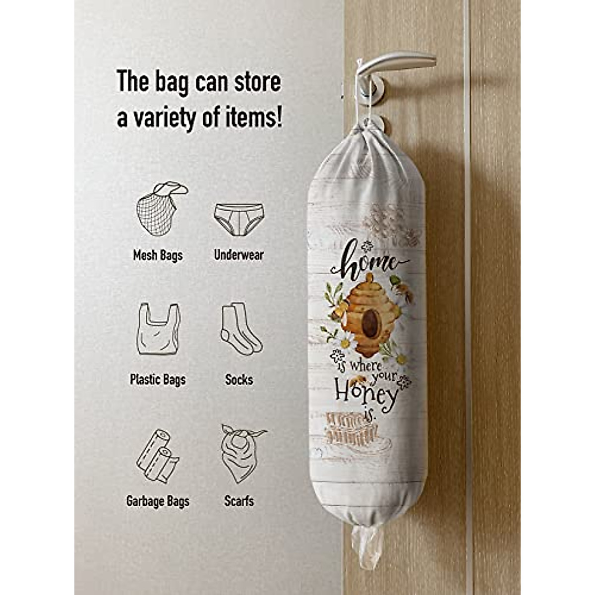Hglian Grocery Plastic Bag Holder and Dispenser Cute Plastic bags Organizer Garbage Shopping Trash bags Storage Container Bee Daisy Farmhouse Kitchen Décor-Home is Where Your Honey is