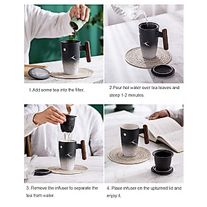 TANG PIN Moonlight Deer Ceramic Tea Cup with Infuser and Wooden Handle Steeping Mug 13.5 OZ (Black&White)