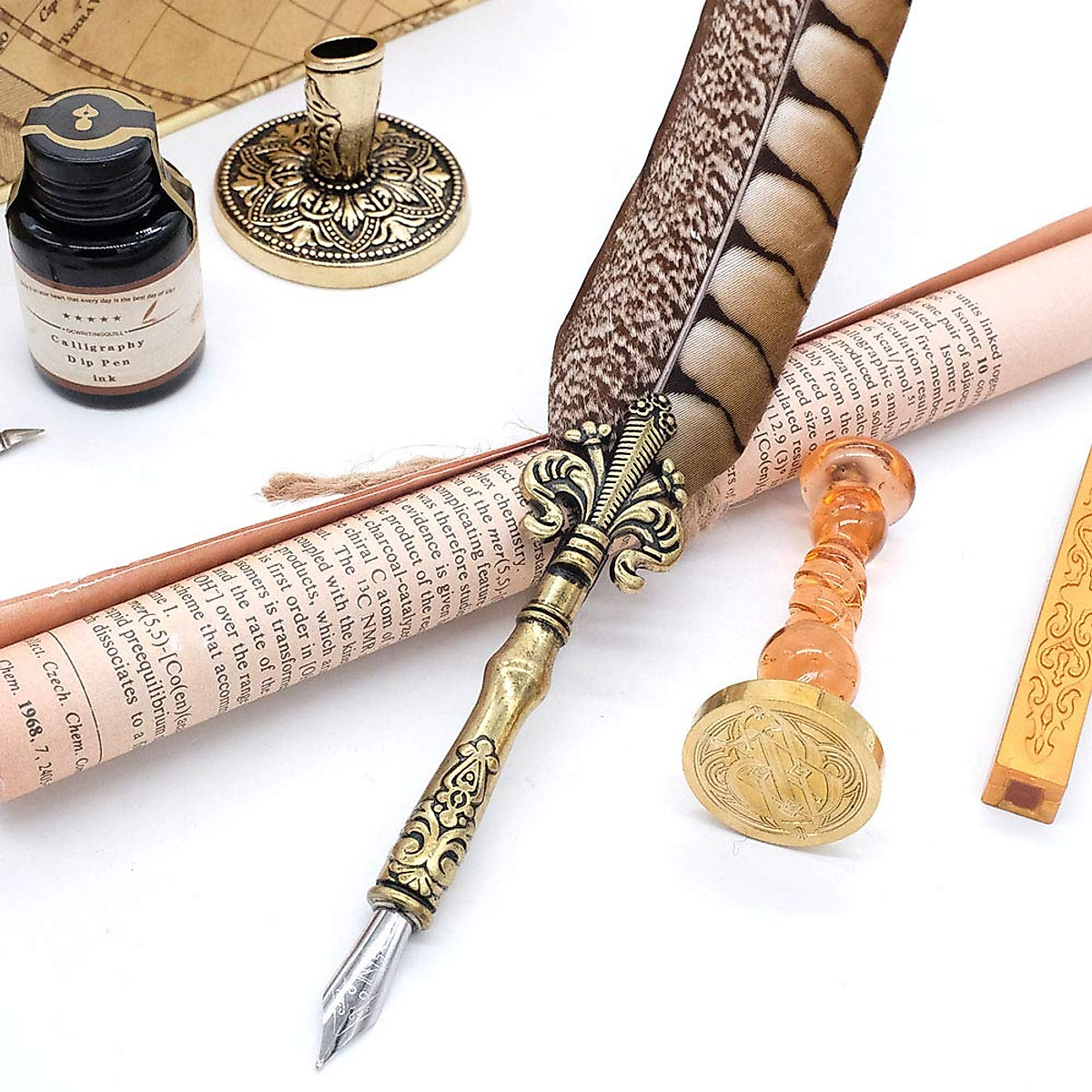 GC QUILL Antique Quill Pen Unique Half-Patterned Feather Pen Set with 6 Nibs 1 Bottle of Ink 1 Seal Stamp 1 Pen Holder 1 Sealing Wax LL-149