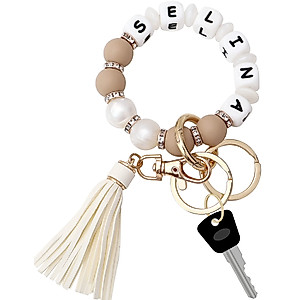 Munchewy Silicone Bead Keychain Bracelet Wristlet Personalized Name for Women House Car Keyring Holder Tassel(Oatmeal/Pearl)