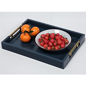 Serving Tray with Polished Metal Handles, 16.5''x12'' Rectangle Coffee Table Tray, Modern Decorative Tray, Large Ottoman Tray, Perfect for Storage and Display (Blue)