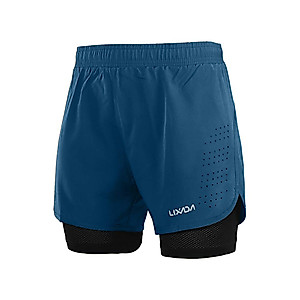 LIXADA Men's 2-in-1 Running Shorts Quick Drying Breathable Active Training Exercise Jogging Cycling Shorts with Longer Liner & Reflective Elements, Black/Blue/Green/Grey (Dark Blue, S)