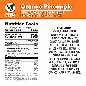 V8 +ENERGY Orange Pineapple Energy Drink, Made with Real Vegetable and Fruit Juices, 8 FL OZ Can (12 Pack)