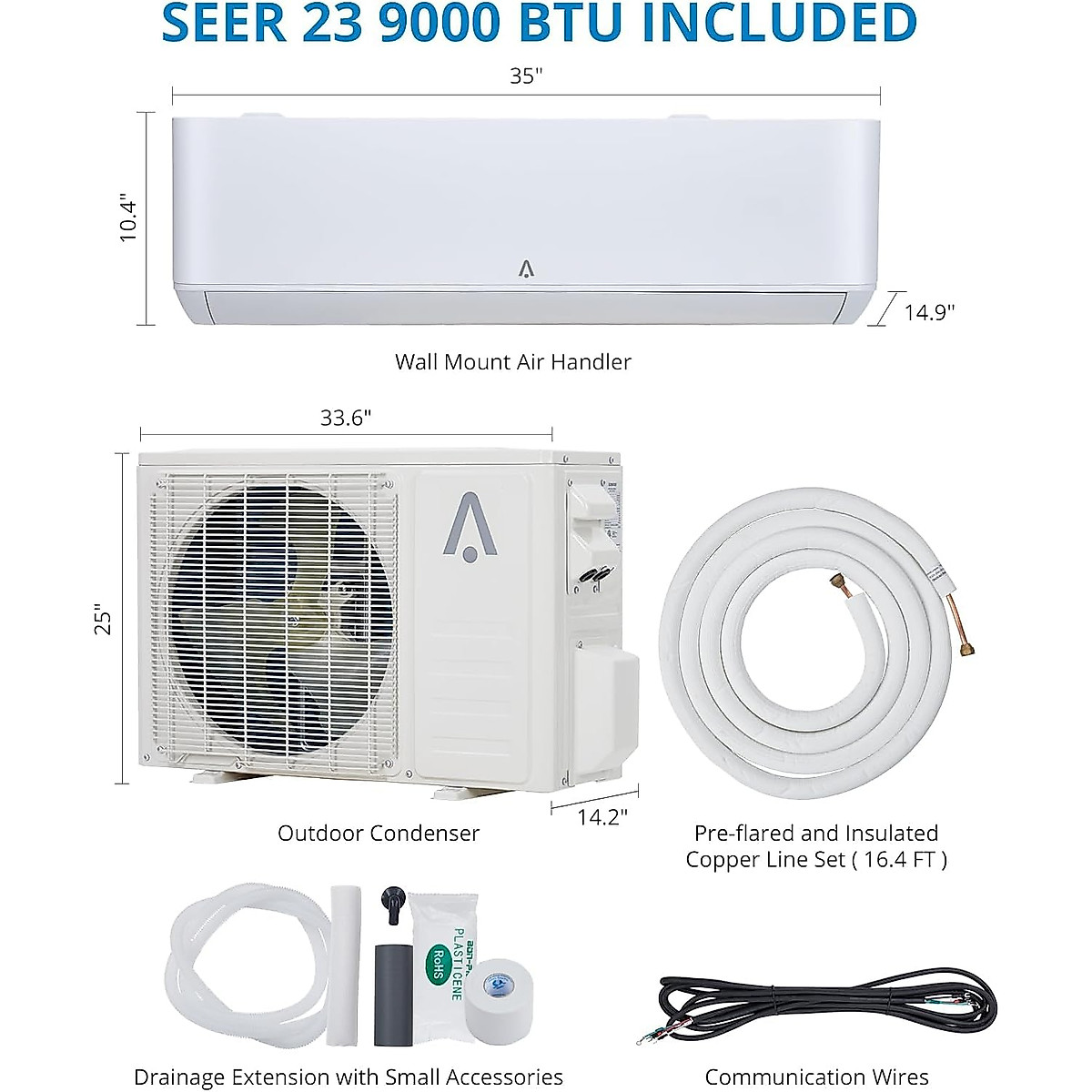 9000 BTU Mini Split Air Conditioner, 23 SEER2 Mini Split AC/Heating System, Inverter Ductless Air Conditioner w/WiFi,Pre-Charged & 16.4ft Installation Kits, 115V AC Unit Cools Room up to 450 Sq. Ft