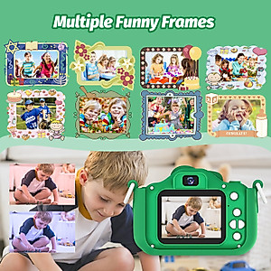 OUTUVAS Dinosaur Kids Camera for Boys, 12MP, 1080P HD Video, Rechargeable Battery, 32GB SD Card, Portable Lanyard, Educational Games, Green, 3-12 Years