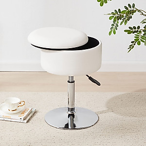 RUCUKEN Adjustable Ottoman Stool White Vanity Stool Vanity Chair for Makeup Room Stool Chair for Vanity Stool with Storage Makeup Stools with Storage Swivel Makeup Chair for Bathroom Faux Leather