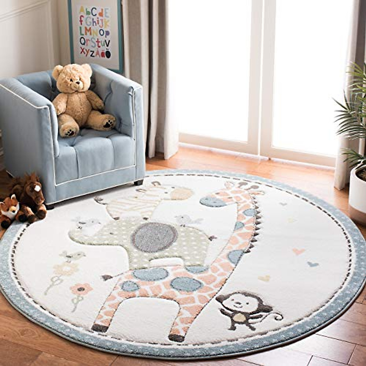 SAFAVIEH Carousel Kids Collection 4' Round Ivory CRK120A Animal Nursery Playroom Area Rug