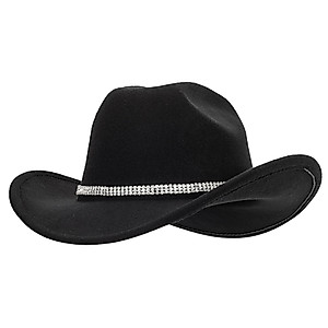 INOGIH Classic Black Western Felt Roll-Up-Brim Cowboy-Hat for Women Men - Bling Cowgirl-Hat Felt Fedora for Disco Parties
