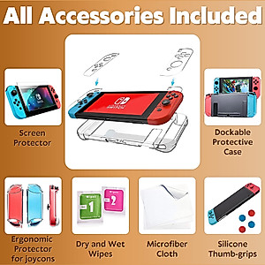 DreamController Limited Edition Genuine Leather Hard Shell Travel Case for Nintendo Switch with 10 Gamecard Slot with Back Protective Dockable Case, 2 Joycon Cover, 4 Thumbstick Cap & Screen Protector