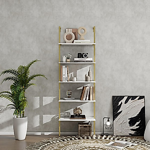 Panana Industrial 5 Tier Ladder Shelf, Open Space Book Shelf Wall Mount Bookshelf with Metal Frame Sturdy Bookcase for Living Room (White, 5 Tier)