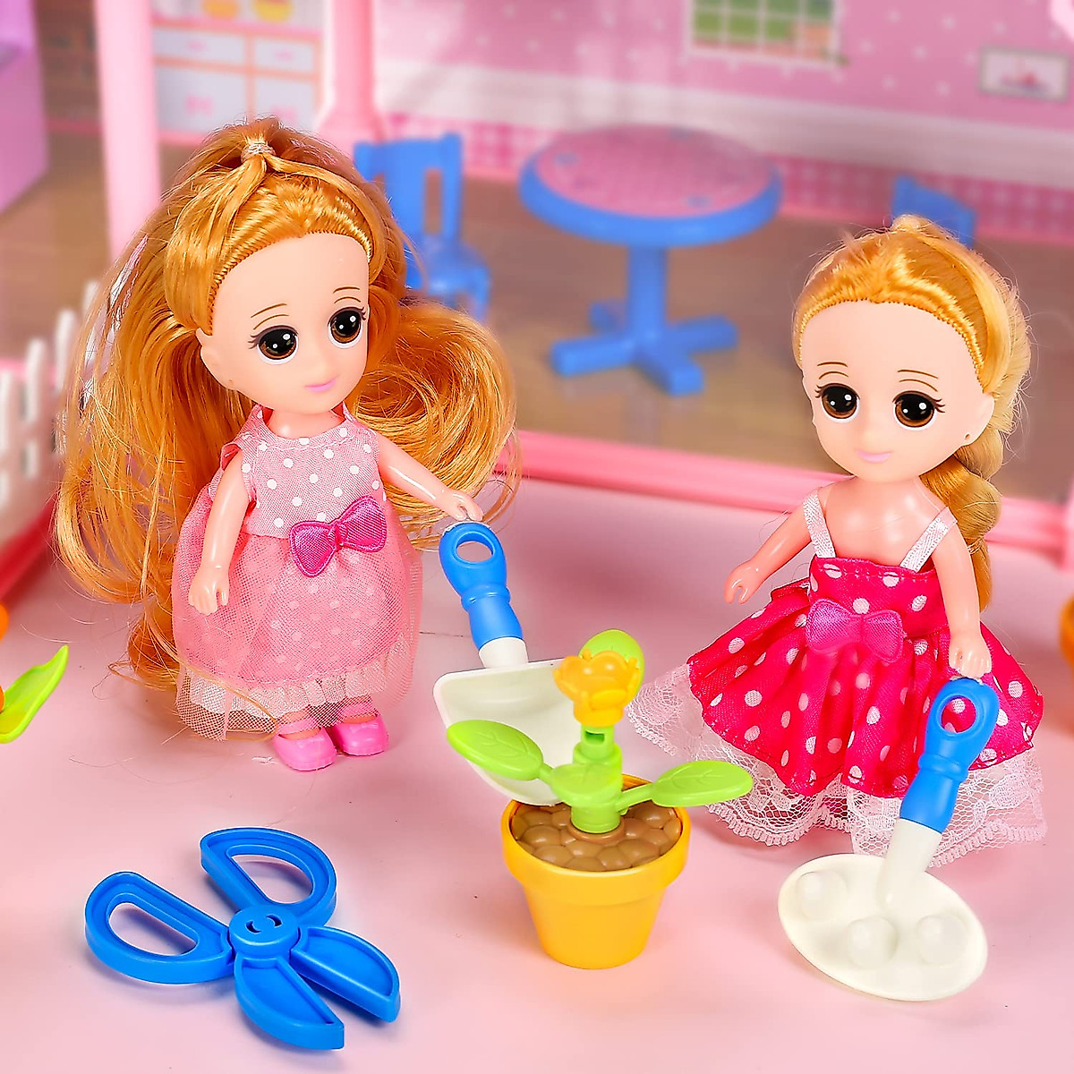 CUTE STONE Dollhouse with 2 Dolls, Flashing Lights, Furniture, Household Items and Gardening Tool Accessories, DIY Cottage Pretend Play Doll House, Gift for Ages 3+, 4 Rooms