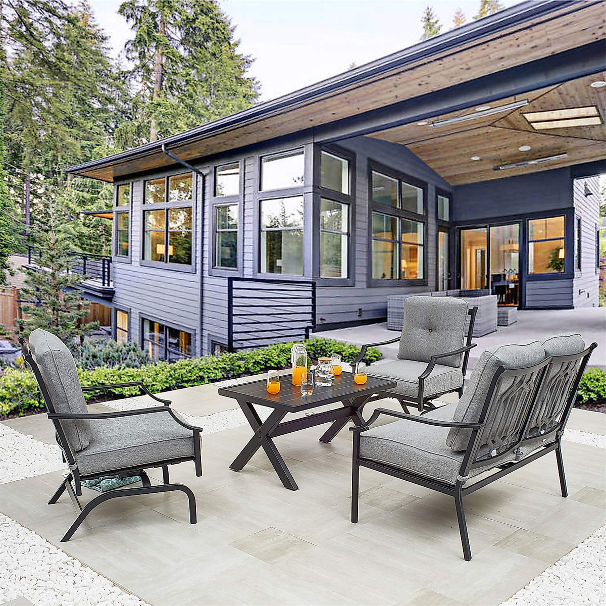 PatioFestival Patio Conversation Set Metal Outdoor Furniture Sets All Weather Cushioned Loveseat & 2 Rocking Chairs & 1 Coffee Table for Poolside Lawn Yard 4pcs