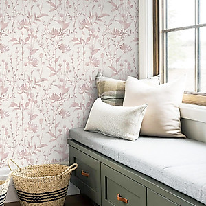 HeloHo Peel and Stick Wallpaper Pink Floral Leaf Wallpaper Self Adhesive Removable Wallpaper Waterproof Contact Paper 16.1" X 118" for Living Room Bedroom Decor