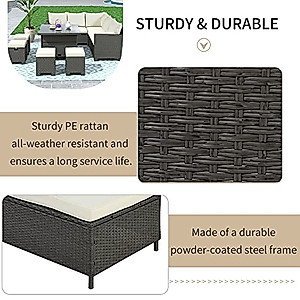 DHHU Patio Furniture, 8 Piece Weather Brown Wicker Sectional Sofa, Outdoor Conversation Set, Dining Table Chair with Ottoman, Cushions, Beige