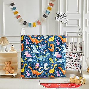 Dinosaur Crib Bedding Set - 3 Pieces Navy Dino Baby Quilted Crib Comforter with Crib Fitted Sheet and Crib Skirt for Boys Girls Cute Colorful Baby Bed Set with Blue Pink Orange Yellow Dinosaurs