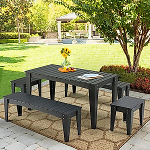 Erinnyees HDPE 5 Piece Patio Dining Set, Outdoor Table Bench Furniture Set with 1 Rectangle Dining Table, 2 Double Benches, and 2 Single Stools, for Backyard, Porch, Lawn, and Garden