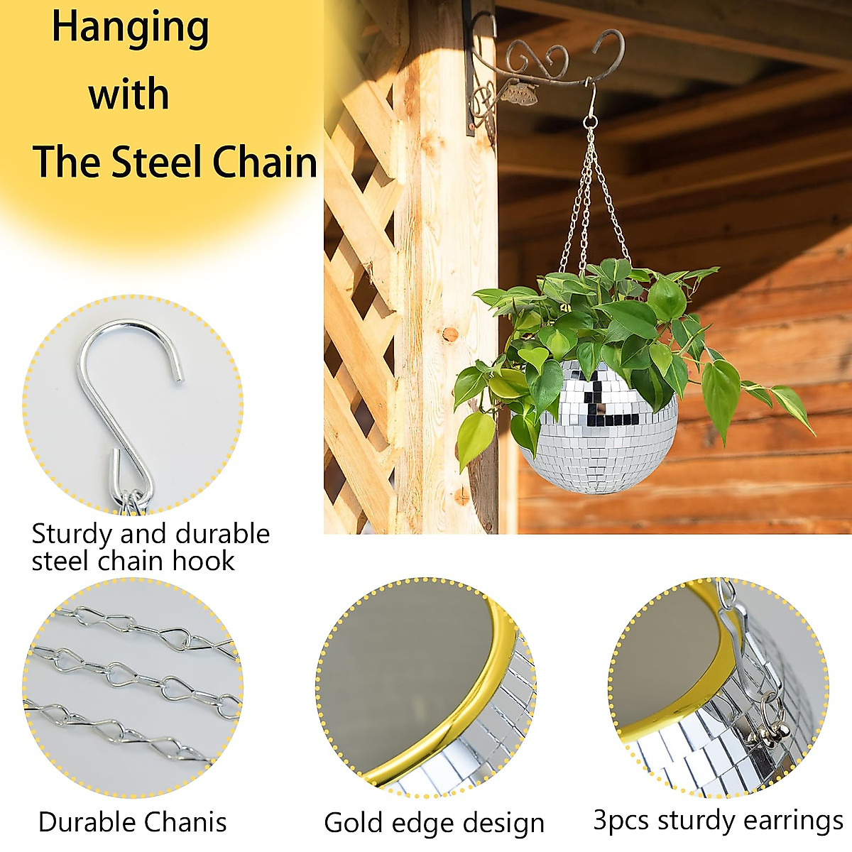 Tialero 2Pcs Disco Ball Planter, 6"/8" Disco Planter with Hanging Chain & Hook & Ring Stand, Disco Ball Plant Hangers for Indoor and Outdoor Plants, Hanging Plant Holder (2Pcs 6", Silver)