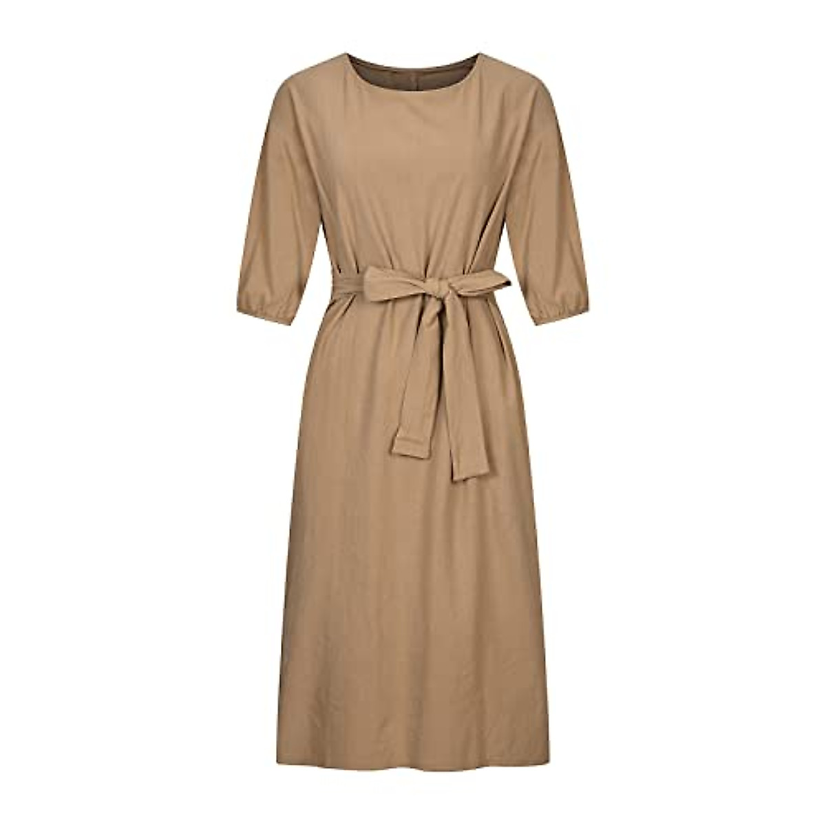 Loose Midi Belted Dress for Women Puff Half Sleeve Casual Dresses, Womens Solid Crewneck Summer Dress Cotton Linen Dress Khaki