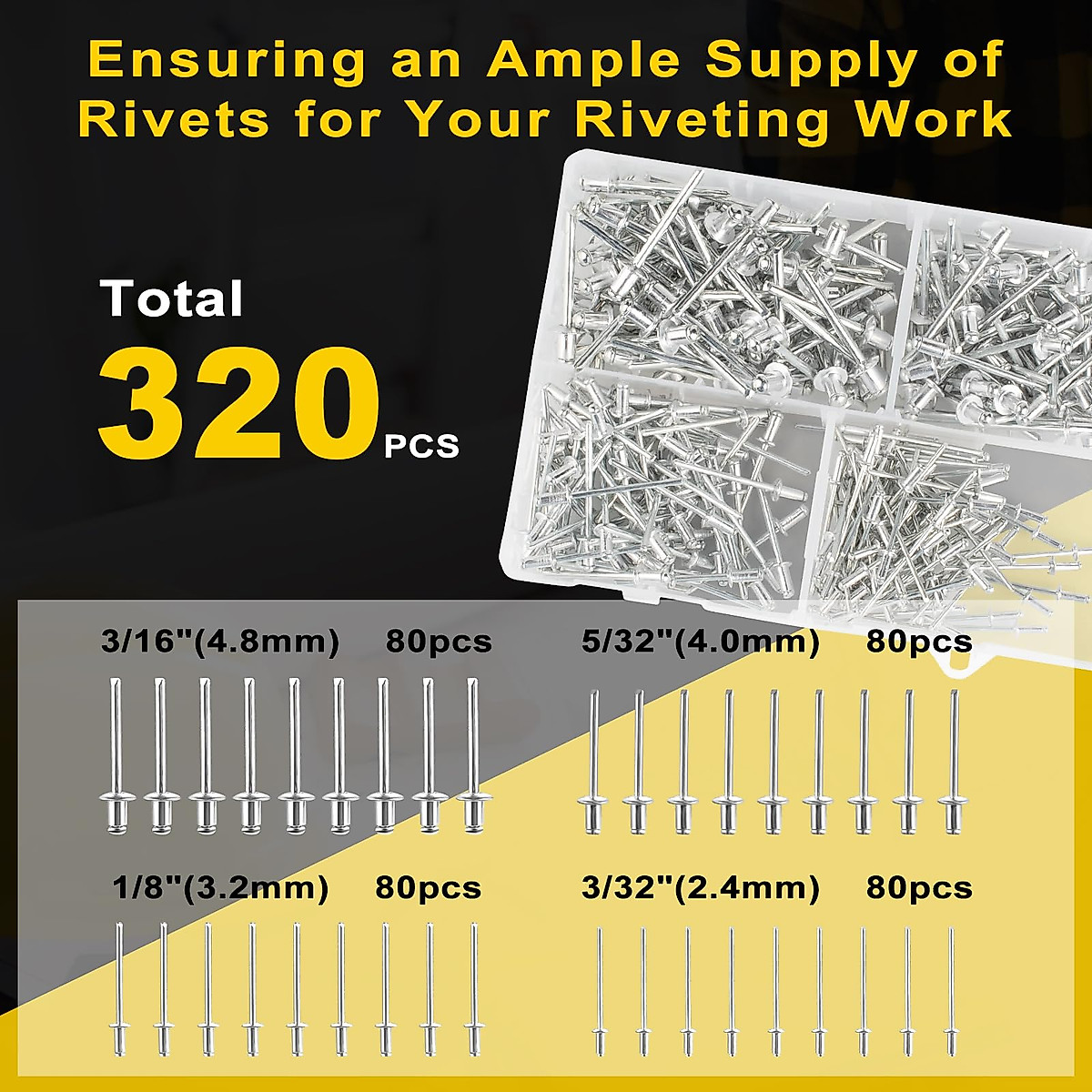 TOLRET Rivet Gun, Pop Rivet Gun Kit with 320 Pcs Rivets, Manual Rivet Tool with 4 Manual Interchangeable Nosepieces, Heavy Duty Hand Riveter for Metal, Wood, Plastic,TR-205