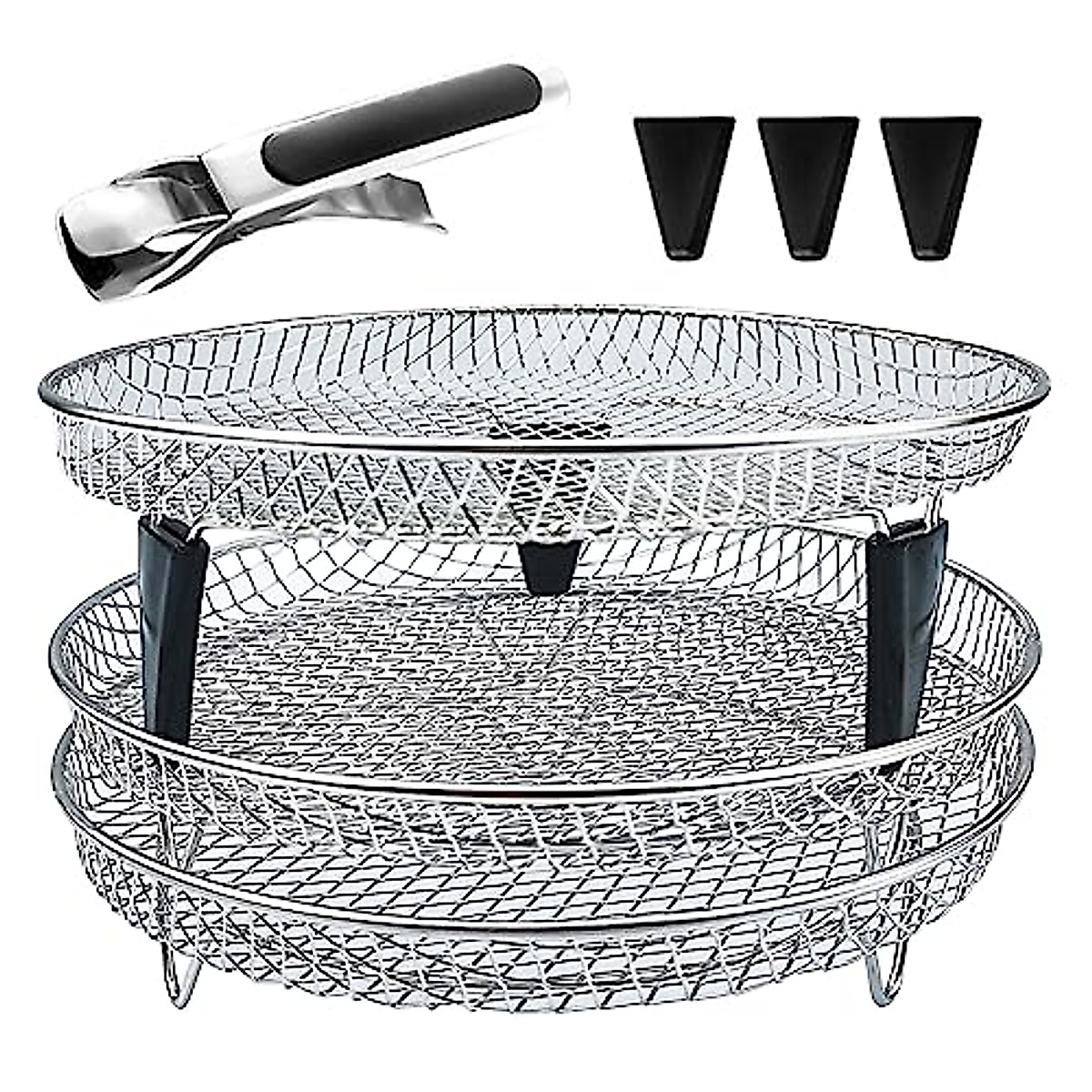 Upgrade Air Fryer Rack, Three Stackable Dehydrator Racks for Gowise Phillips USA Cozyna Ninja Airfryer,Stainless Steel Round Air Fryer Rack Fit all 4.2QT - 5.8QT Air fryer,Oven,Press Cooker (Round)