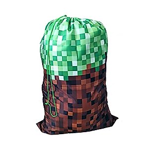 Pixel Gamer Drawstring Laundry or Gift Bag Storage Video Game Sack for Kids Mining Craft Gamer, 36x24 inches