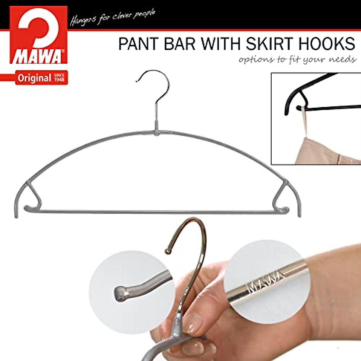 Mawa by Reston Lloyd Euro Ultra Light/Thin Series, Non-Slip Space Saving Clothes Hanger with Bar & Hook for Pants and Skirts, Style 42/PTU, Set of 10, Silver