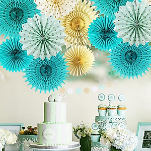 Teal Gold Birthday Party Decorations Women Cream Mint Gold Polka Dot Paper Fans for Teal Bridal Shower Decorations Teal Gold Wedding/Eid Mubarak Party Decorations