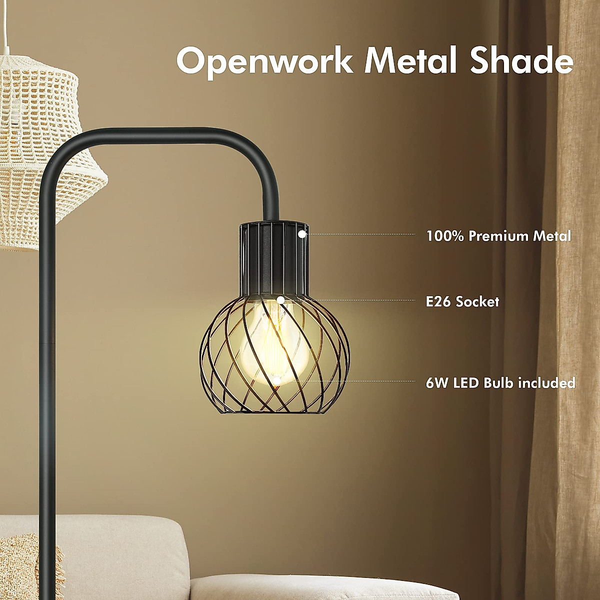 AUQUEE Floor Lamp, Industrial Floor Lamp for Living Room, Modern Standing Lamp with 6W LED Bulb, Foot Switch, Minimalist Pole Lamp Vintage Farmhouse Stand Up Lamps for Bedroom, Office, Book Nook,Black