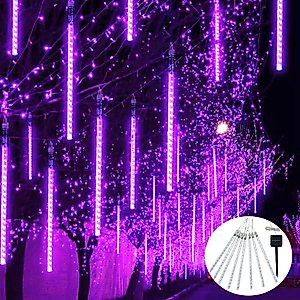 JMEXSUSS Purple Solar Christmas Lights Outdoor Waterproof, 8 Tube 144 LEDs Solar Meteor Shower Rain Lights, Solar Lights for Christmas Tree Halloween Patio Bush Holiday Party Decoration