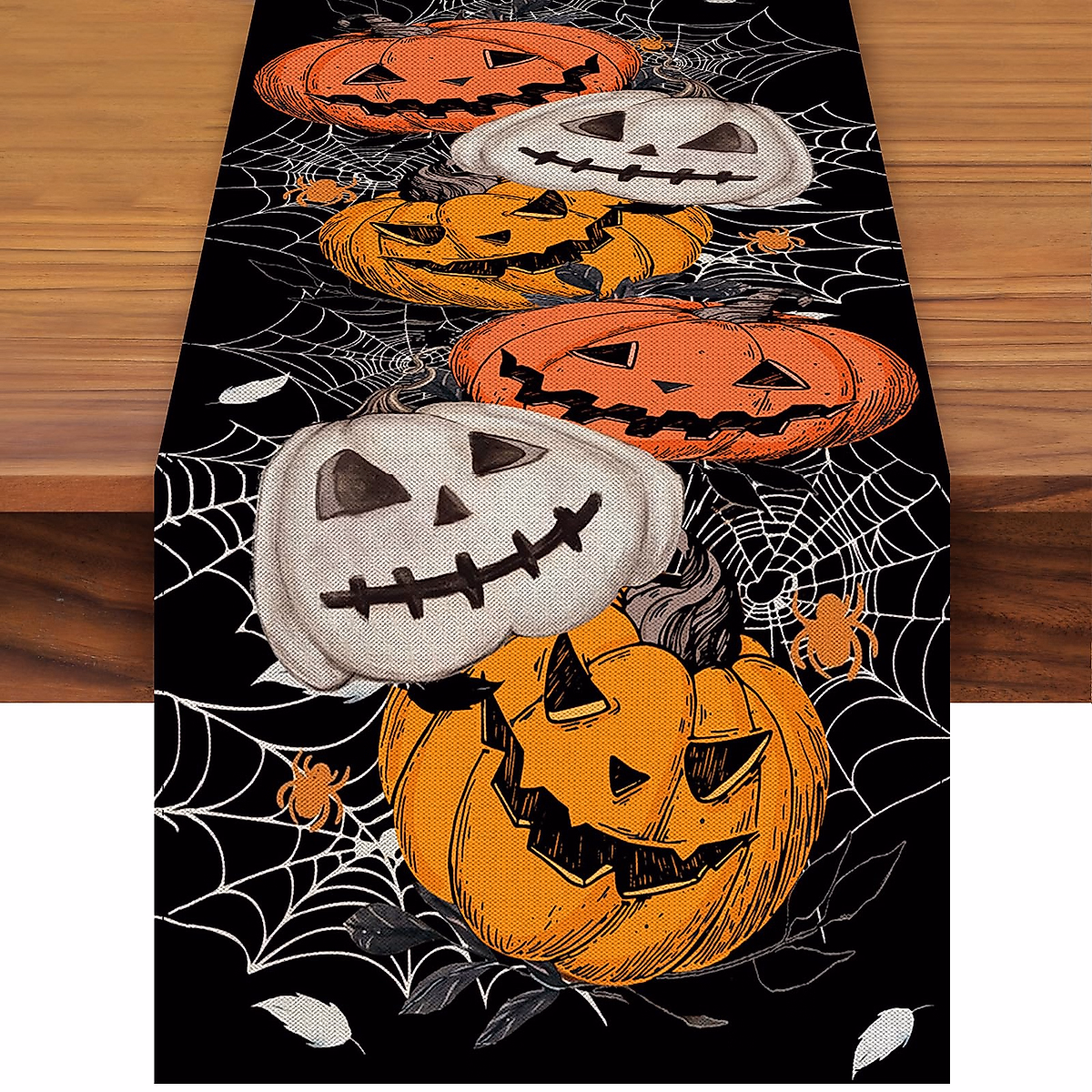 72x13 Inch Halloween Table Runner Decorations - Linen Pumpkin and Spider Web Pattern Table Runner for Halloween, Holiday, Home, Kitchen, Mantel, Dining Table Decor, Spooky Party Supplies
