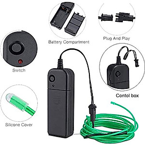 MaxLax EL Wire Portable Set, 9ft Cuttable Battery Pack Neon Glowing Electroluminescent Wire Light kit(Green, Blue, Red, White, Pink) for Halloween Decorations DIY
