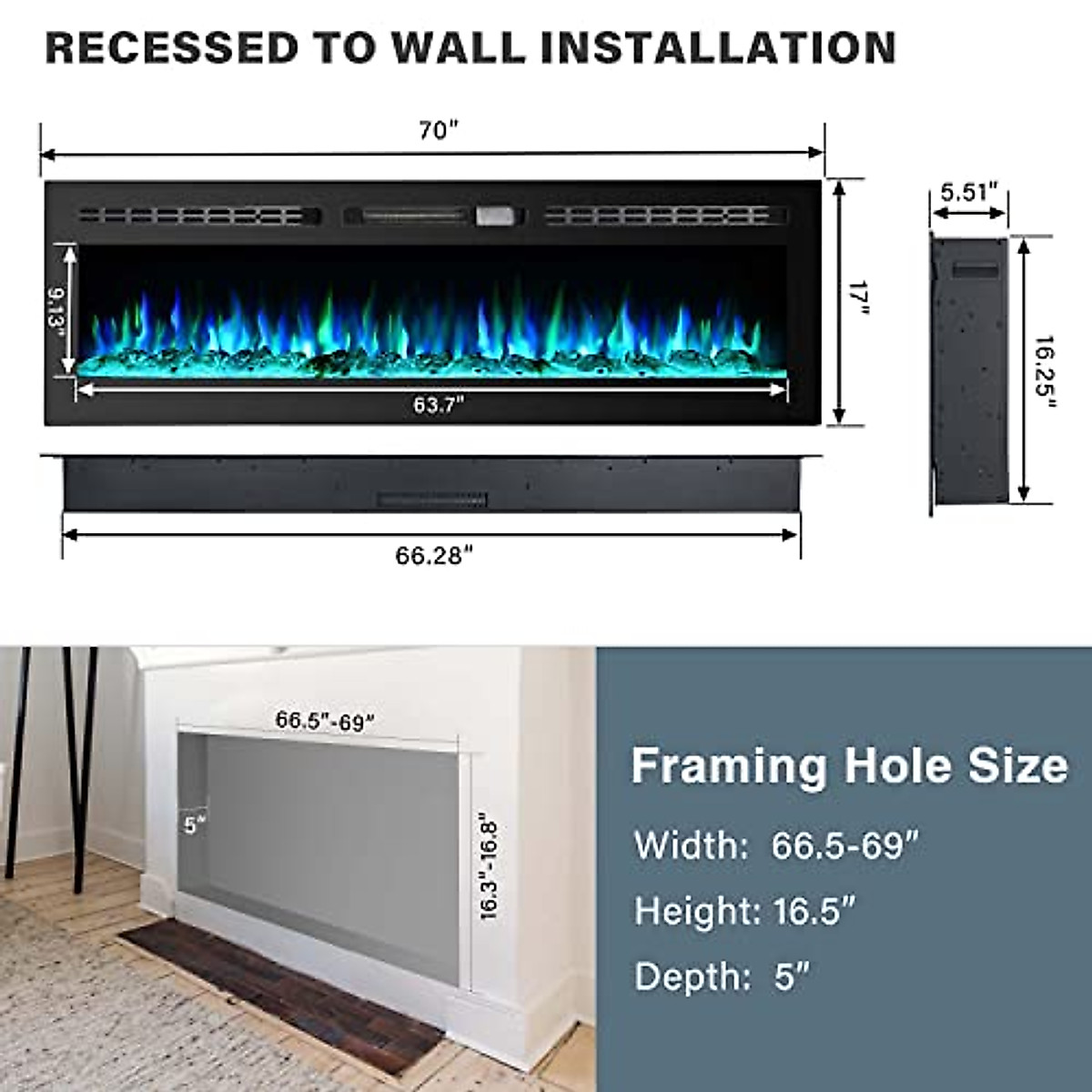 70 Inch Electric Fireplace Inserts, Wall Mounted Fireplace, Led Fireplace with Logs, Recessed Electric Fireplace with Remote Control, Linear Fireplace, 9 Multi Color Flames, 750/1500W