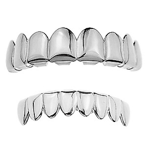 Best Grillz 8/8 Set Eight Tooth Silver Tone Top 8 Bottom Plain Hip Hop Teeth Grills