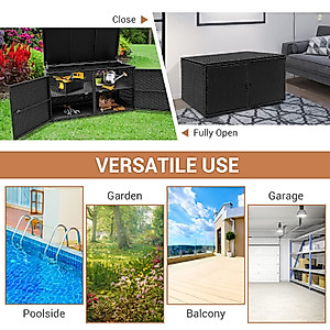 RELAX4LIFE PE Wicker Storage Box - Outdoor 88 Gallon 2-Tier Deck Box for Patio Furniture Toys Storage w/Lid & Front Doors, All Weather Rattan Storage Bin for Backyard Garden Poolside Porch (Black)