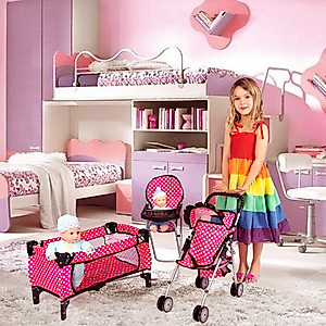 fash n kolor 4 Piece Doll Play Set, includes - 1 Pack N Play. 2 Doll Stroller 3.Doll High Chair. 4.Infant Seat, Fits Up to 18'' Doll (4 Piece Set)