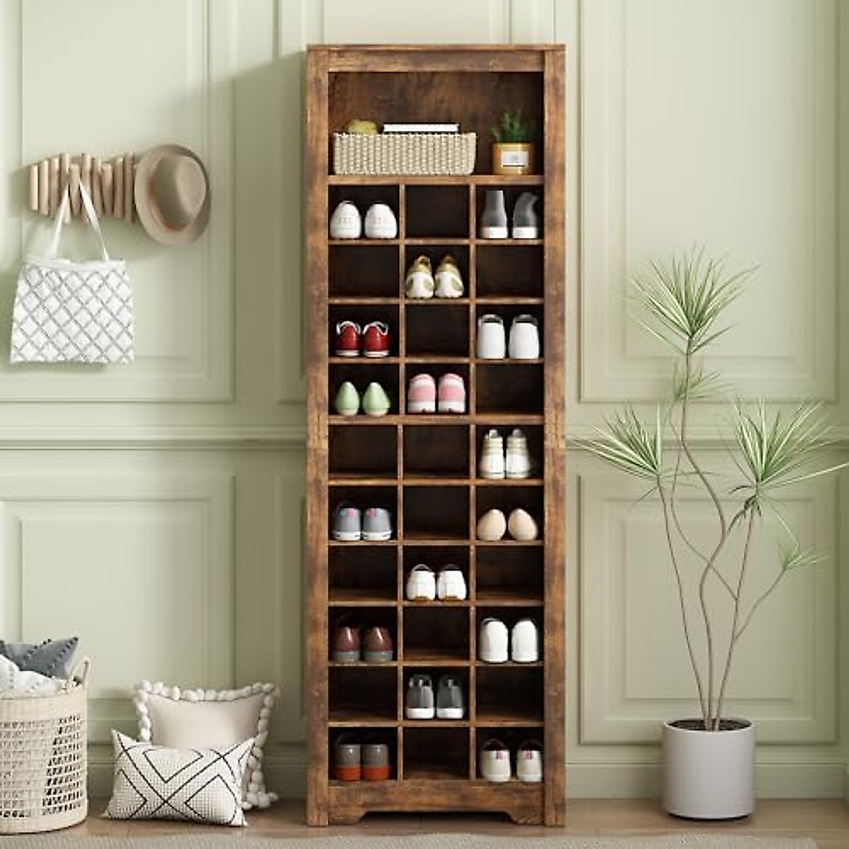 Goohome Stylish Design 30 Shoe Cubby Console, Contemporary Free Standing Tall 10-Tier Shoe Storage Cabinet with Multiple Storage Capacity and Versatile Use for Hallway, Entryway, Space-Saving