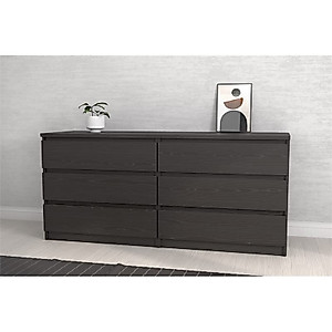 Pemberly Row Modern Contemporary 6 Drawer Wide Double Bedroom Dresser in Black Woodgrain