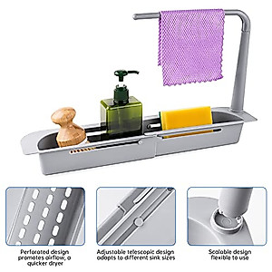 NiHome Telescopic Kitchen Over Sink Organizer with Towel Hanger, Expandable Slim Drain Basket Multifunctional Caddy Adjustable Length Colander Rack Sponge Holder Storage Tray for Home Bathroom (Grey)
