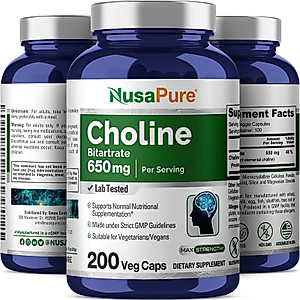 NusaPure Choline Bitartrate 650 mg 200 Veggie Capsules (Vegetarian, Non-GMO, Vegan)